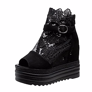 Ladies Fashion Solid Color Summer Breathable Mesh Open Toed Back Zippered High Soled Womens Size 12 Shoes Sandals (Black, 7.5)