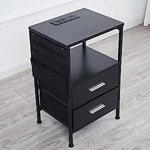 Vabches End Table with Charging Station, Nightstand with USB Port, Outlet and Fabric Bag, 2 Drawers & Open Storage Shelf Side Table, Sofa Cabinet for Living Room, Bedroom, Office