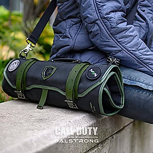 Dalstrong Premium Chef Knife Roll - Call of Duty Edition - Black Waxed Canvas - Nylon and Leather Straps - 22 Pockets + 1 Quick Access Rear Pocket - Adjustable Strap