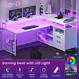 SEDETA White Computer Desk with Drawers, 55" Home Office Desk with File Drawer and Storage Shelves, L Shaped Gaming Desk with LED Lights and Monitor Shelf