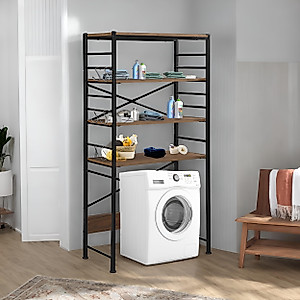 PrimeZone Over The Toilet Storage Shelf - 4 Tier Adjustable Metal Bathroom Shelves Organizer with 6 Hooks, Freestanding Above Toilet Storage Rack Waterproof Space Saver for Bathroom Laundry, Black