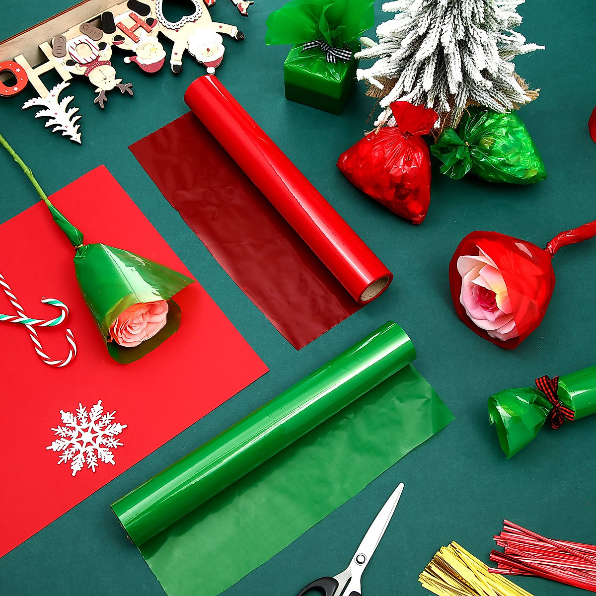 Outus 2 Rolls Christmas Cellophane Wrap Roll Clear Cellophane Wrap 12 x 591 Inch Wide Cellophane Wrap Red Green Clear Wrapping Paper for Xmas DIY Craft Present Wrap
