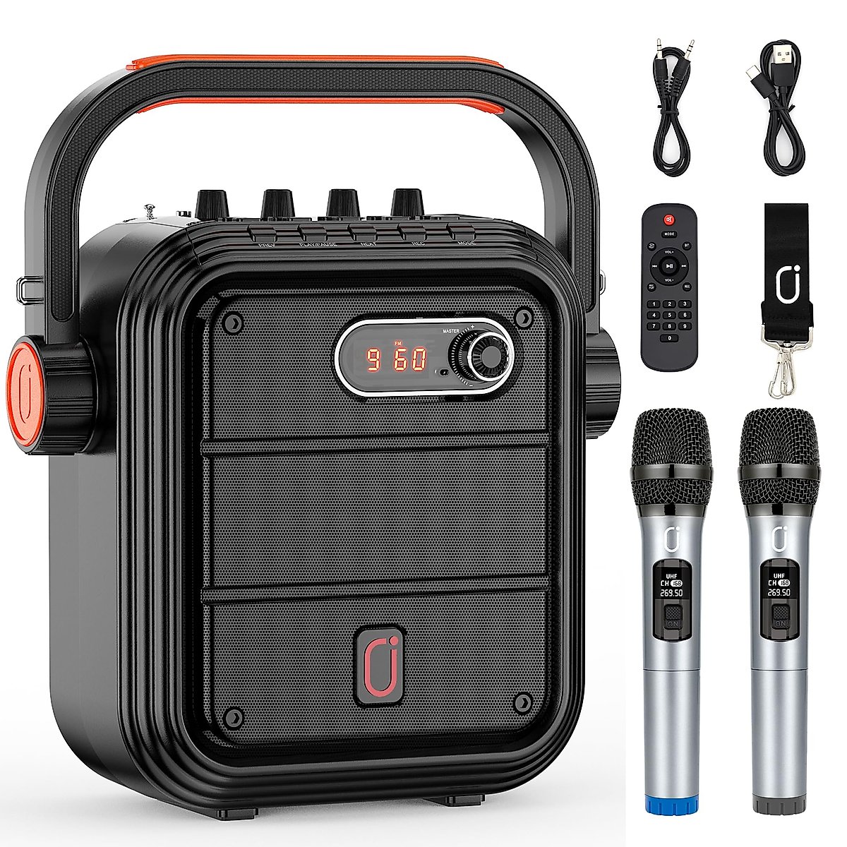 JYX Karaoke Machine with 2 UHF Wireless Microphones, Portable Bluetooth Speaker PA System with Shoulder Strap, Subwoofer Support TWS, Radio, AUX in, REC, Bass&Treble for Party/Meeting/Adults/Kids