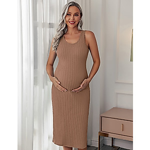 Ekouaer Women's Maternity Dress Rib Knit Sleeveless Baby Shower Dresses Casual Bodycon Pregnancy Clothes Khaki Medium