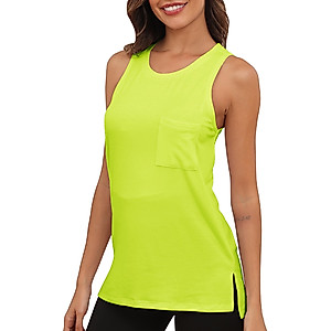 Smile Fish Women's Crew Neck Loose Fit Flowy Tank Top Basic Cotton Sleeveless Shirt Pocket Neon Green,XL