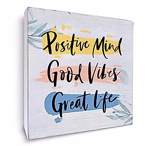 Rustic Positive Mind Good Vibes Great Life Wooden Box Sign Table Decor Plaque Inspirational Quote Wood Box Sign Art Home Office Shelf Desk Decoration 5 x 5 Inches