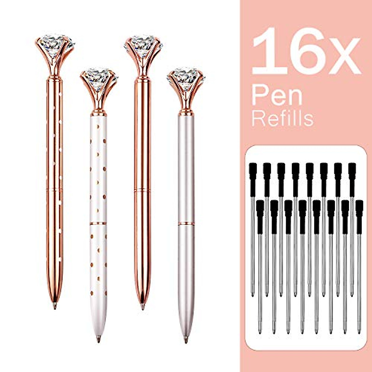 JOANCÉE 16 PCS Diamond Pen With Big Crystal Bling Metal Ballpoint Pen, Office Supplies And School, Rose Gold/White Rose Polka Dot/Silver/Rose Gold With White Polka Dots, Includes 16 Pen Refills