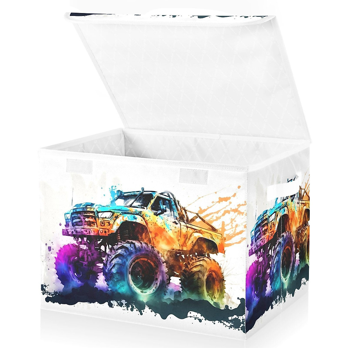 Vnurnrn Storage Bin with Lid Collapsible Rainbow Monster Truck Print, Large Capacity Foldable Storage Basket Cube for Clothes Toys 16.5×12.6×11.8 IN