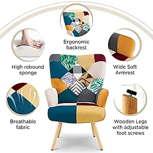 Fahomiss Accent Chair, Living Room Chair, Modern High Back Armchair, Colorful Patchwork Reading Chairs for Bedroom, Lounge Chair with Linen Fabric Shell and Solid Wood Feets (1, Colorful)