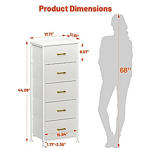 YILQQPER Dresser for Bedroom with 5 Drawers, Tall Storage Tower for Closet, Living Room, Nursery, White Dresser with Sturdy Steel Frame, Fabric Bins, Leather Finish, Wood Top (Glacier White)