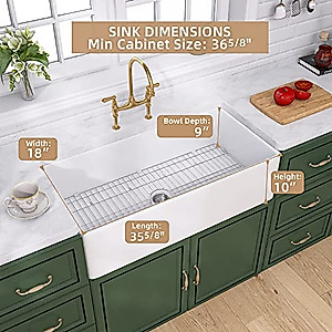 TUKTUK White Farmhouse Sink 36 Inch Fireclay Apron Front Single Bowl Kitchen Sinks Deep Drop In Farm Sink Undermount Luxury Bottom Grid & Strainer Drain Included