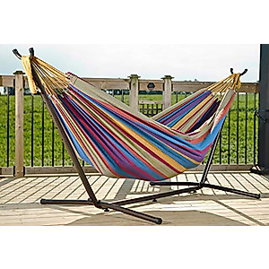 Vivere Double Cotton Hammock with Space Saving Steel Stand, Tropical (450 lb Capacity - Premium Carry Bag Included)