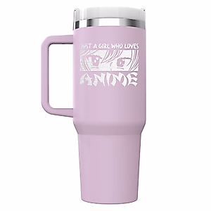 shop4ever Just A Girl Who Loves Anime Engraved Insulated Stainless Steel Tumbler with Handle, Lid, and Straw 40 oz. Anime Fans Anime Lovers Birthday Gift (Lavender)