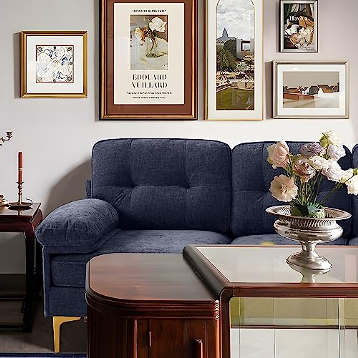 YuuYee 82" Modern Sofa, L Shaped Sofa Couch Convertible, Chenille Small Sectional Sofa, Sofa with Chaise Mid-Modern Century Couch with Removable and Washable Cushions (Navy)