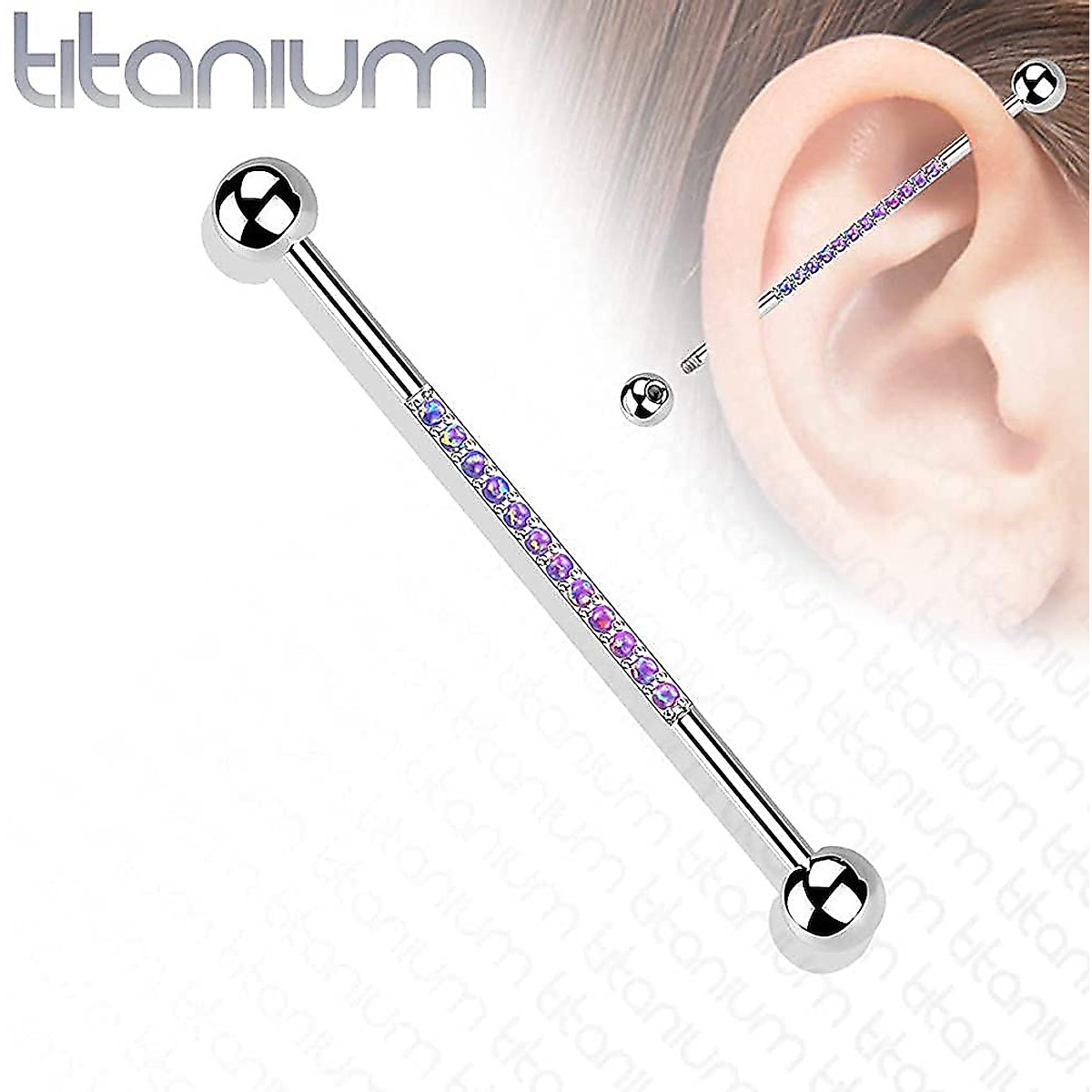 Covet Jewelry Titanium Industrial Barbell with CNC Lined Opal on Bar (Steel/Opal Purple)