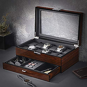 BEWISHOME 12 Watch Box with Valet Drawer, Luxury Watch Case,Watch Organizer for Mens Accessories with Real Glass Top,Metal Hinge, Brown SSH02Y