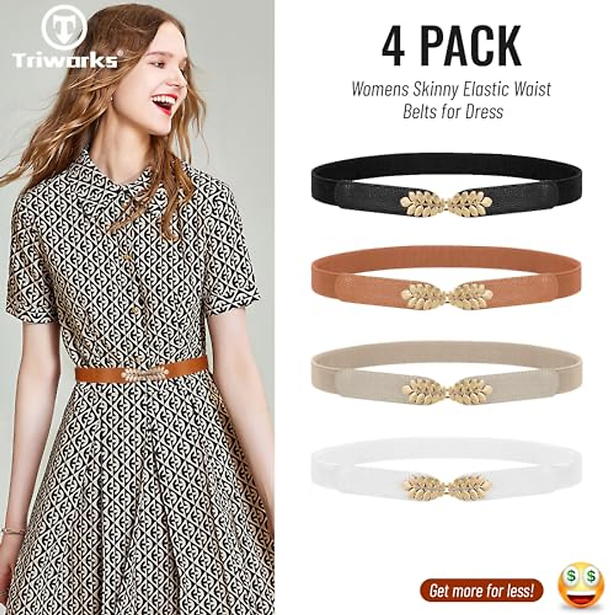 4 Pack Women Skinny Elastic Belt Ladies Fashion Stretchy Thin Waist Belt For Dresses Black/White/Brown/Beige