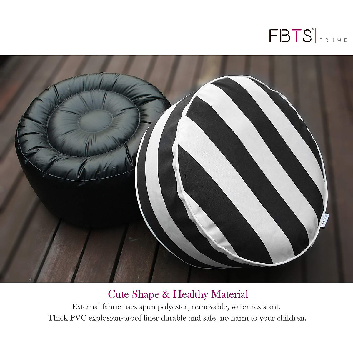 FBTS Prime Inflatable Footstool Ottoman Black Stripe Round 21x9 Inch Patio Foot Stools and Ottomans Portable Footrest