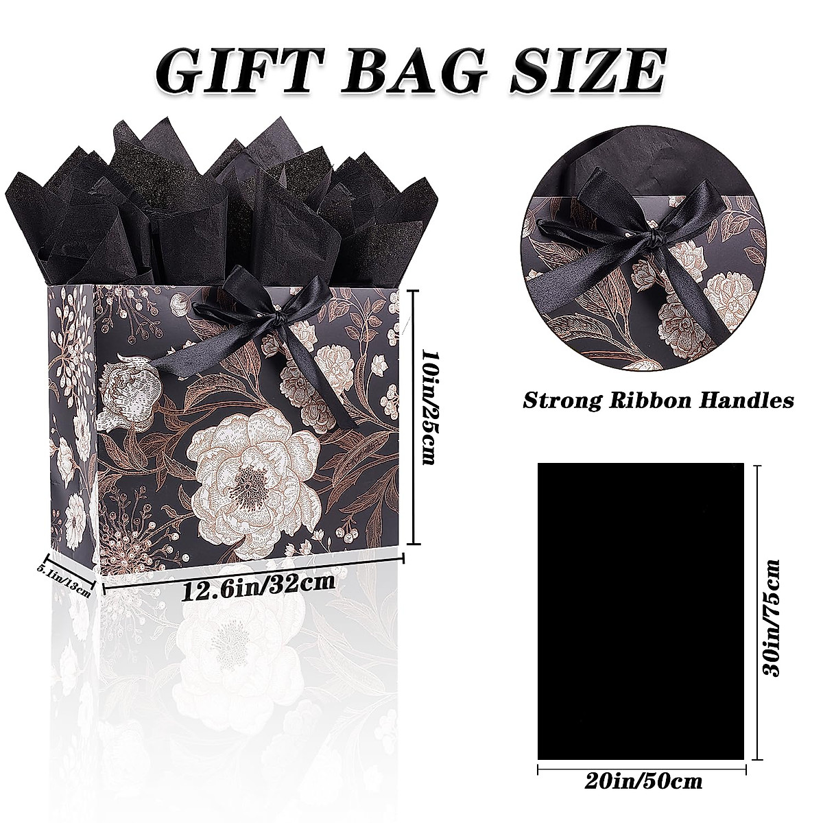 Jaywayang Large Black and Gold Vintage Floral Gift Bag with Card Ribbon and Tissue Paper for Wedding, Bridal Shower, Women Birthday, Mother's day, Anniversary- 12.6" x 10" x 5.1"