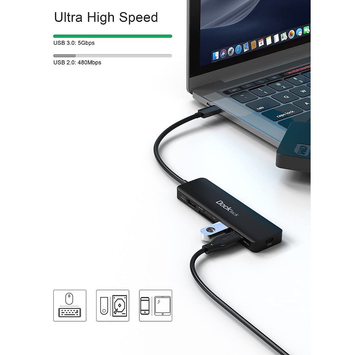 USB C Hub HDMI PD Adapter for MacBook Air/Pro, Surface Pro 7/8, XPS and More, Dockteck 6-in-1 Type C Hub with 4K 60Hz, 100W PD, SD & microSD Card Reader, 2 USB 3.0 Data 5Gbps