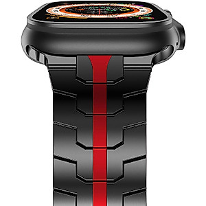 WINGLE Metal Band for Apple Watch Band Ultra 2/Ultra Band 49mm Men, Series 10 46mm, 9/8/7 45mm, SE/6/5/4 44mm, 3/2/1 42mm, Stainless Steel Bands with Folding Clasp iWatch Strap Bracelet, Black/Red