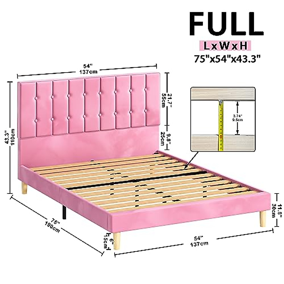 LIKIMIO Full Bed Frames, Velvet Upholstered Platform Bed Frame with Headboard and Strong Wooden Slats, No Box Spring Needed/Noise-Free/Easy Assembly, Pink