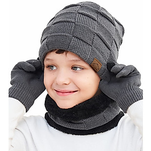 KMOLY Kids Winter Beanie Hat Scarf Touchscreen Gloves Set for Boys Girls 4-15 Years Warm Skull Cap Fleece Lined Knitted Hat (grey)