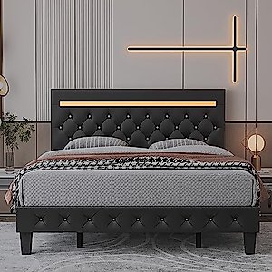 Kallabe Queen Size Bed Frame with LED Light Leather Platform Bed Frame with Adjustable Upholstered Headboard, Smarter Bed Frame APP Control LED Lights, No Box Spring Needed, Black