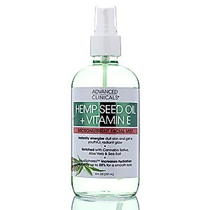 Advanced Clinicals Hemp + Vitamin E Micronutrient Skin Energizing, Instantly Hydrating Face Toner Spray Lightweight, Non-Greasy Premium Facial Spray W/Pure, Cold Pressed Hemp Oil, 8 Fl Oz