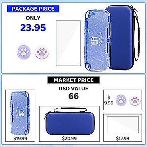 HYPERCASE Blue Hard Carrying Case Compatible with Nintendo Switch Lite, Portable Switch Travel Carry Case for Boys Girls with 8 Game Card Slots, TPU Glitter Shell, Screen Protector and 2 Jelly Caps.