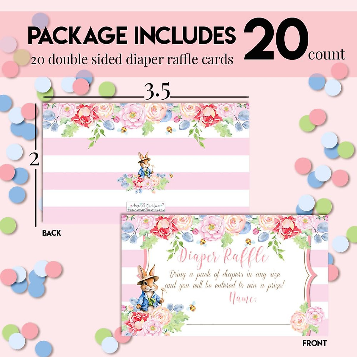 Little Rabbit Floral Themed Diaper Raffle Tickets for Girl Baby Showers, 20 2" X 3” Double Sided Insert Cards for Games by AmandaCreation, Bring a Pack of Diapers to Win Favors & Prizes!