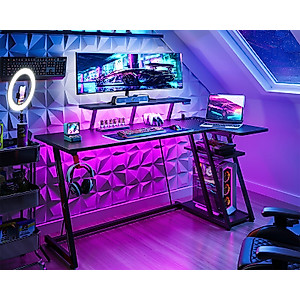 MOTPK White Gaming Desk L Shaped with LED Lights, Corner Gaming Computer Desk 55inch with Power Outlets, Gaming Table with PC Storage Shelf, Gamer Desk with Monitor Shelf