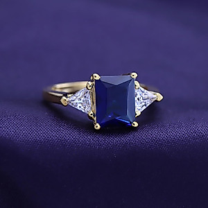 AFFY 14k Yellow Gold Over Sterling Silver Emerald Cut Blue Sapphire With Trillion White Topaz Ring Jewelry For Womens Ring Size-8