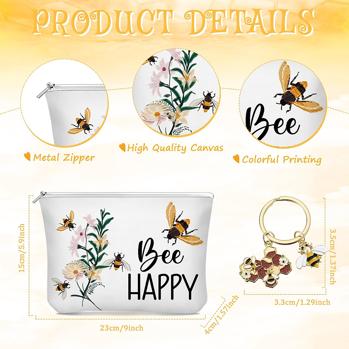 Sieral 3 Pcs Tumbler Cup Appreciation Gift Set Stainless Steel Tumbler Cup Cosmetic Bag Keychain Thank You Gift Graduation Gifts for Women Daughter Teacher Friends (Bee)