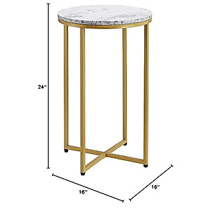 AZL1 Life Concept Concept Modern X-Shaped Small Round Side End Accent Table,Corner Decor/Nightstand for Home Office Living Room Bedroom Marble + Gold, 16 inches, White