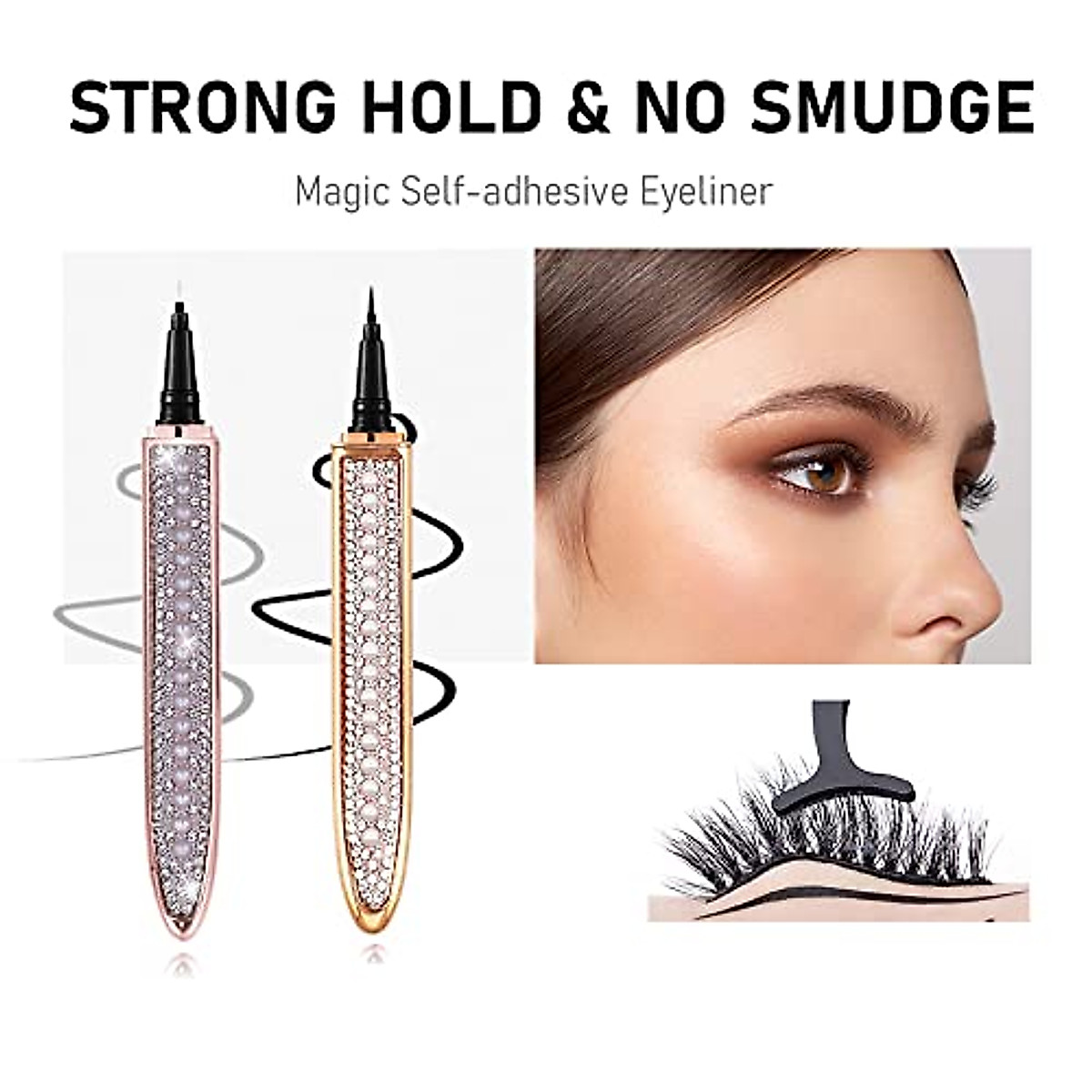 CRINSLY 2022 Upgraded Black Eyelash Glue Pen Self-Adhesive 2 in 1 Eyeliner for Normal False Lashes Long-Lasting Eye Liner for Sensitive Eyes Quick Drying Waterproof Strong Hold Latex-Free Eye Makeup