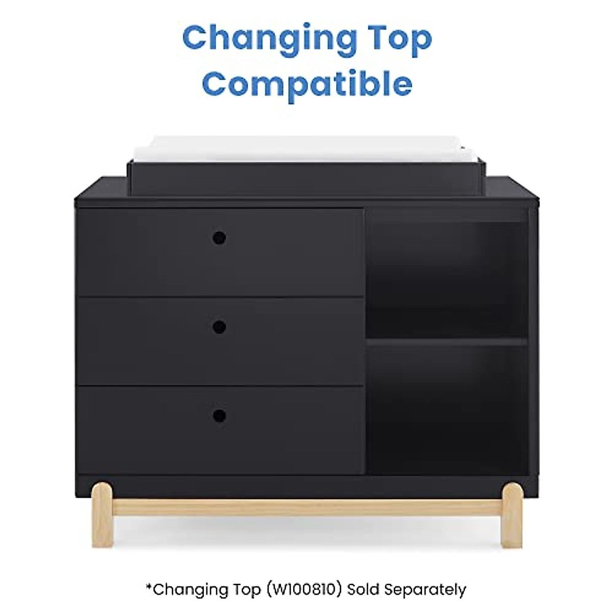 Delta Children Poppy 3 Drawer Dresser with Cubbies, Midnight Grey/Natural