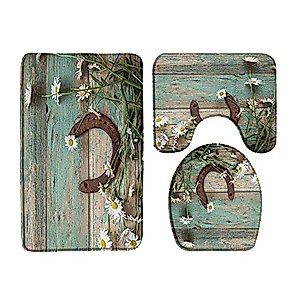 AMHNF 3 Piece Rustic Barn Door Bath Mat Sets Rusty Horseshoe White Daisy Flower Vintage Farmhouse Wooden Board Plank Retro Bathroom Doormat Rugs, Toilet Seat Cover, U-Shaped and Floor Mat