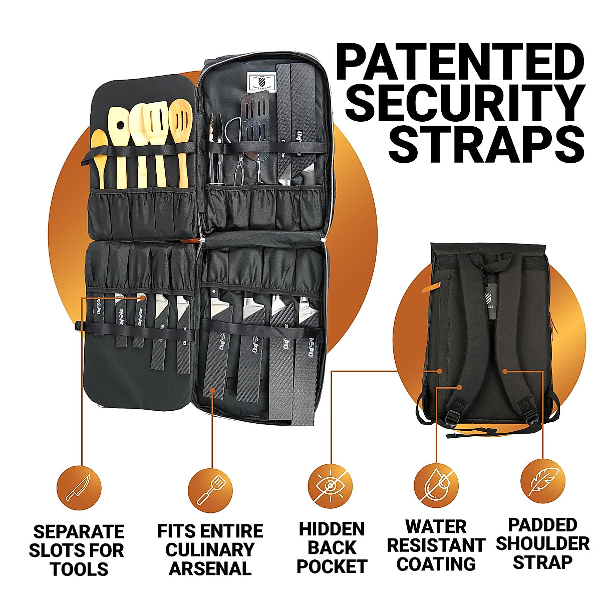 Chef Knife Bag | Premium Knife Case | Waterproof Material | Chefs Case with 30+ Pockets for Knives & Utensils | Culinary Gifts For Chefs & Students | Sturdy Travel Knife Bag (Black)