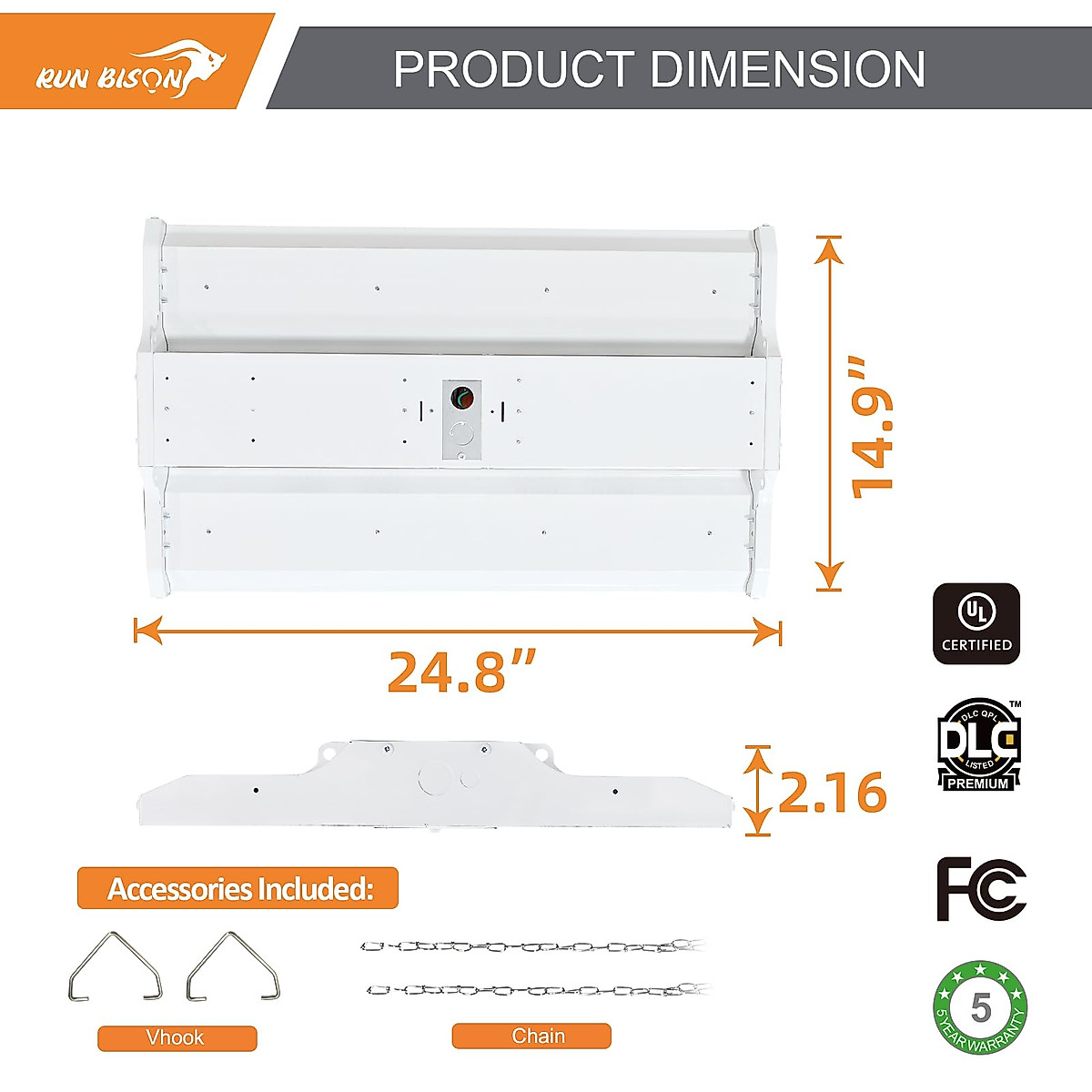 Run Bison 2FT LED Linear High Bay Fixture, 155W LED Shop Light, 20,925lm 135LM/W, 120-277V, 5000K Daylight Linear Hanging Light, UL&DLC Listed - 1PK