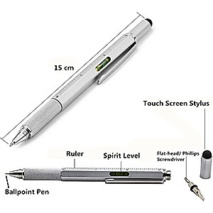Multifunction Tool Pen, 6 in 1 Tool with Ballpoint Pen, Touch Screen Stylus, Ruler, Spirit Level, Flat-head and Phillips Screwdriver, All-in-One Tech-Tool Pen with Ink Refills (Yellow + 2×Refills)