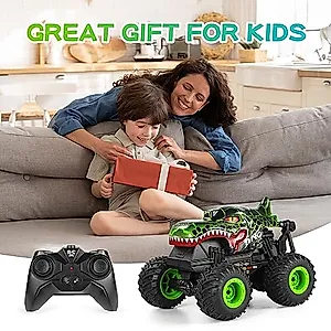 DYODYORC Remote Control Car, 2.4Ghz All Terrain Dinosaur Monster Truck Toys, RC Truck with Music, 3 Lighting Effects, 360 Stunt Capable, All included Ready to Run, Toy Gifts for Boys and Girls (Green)