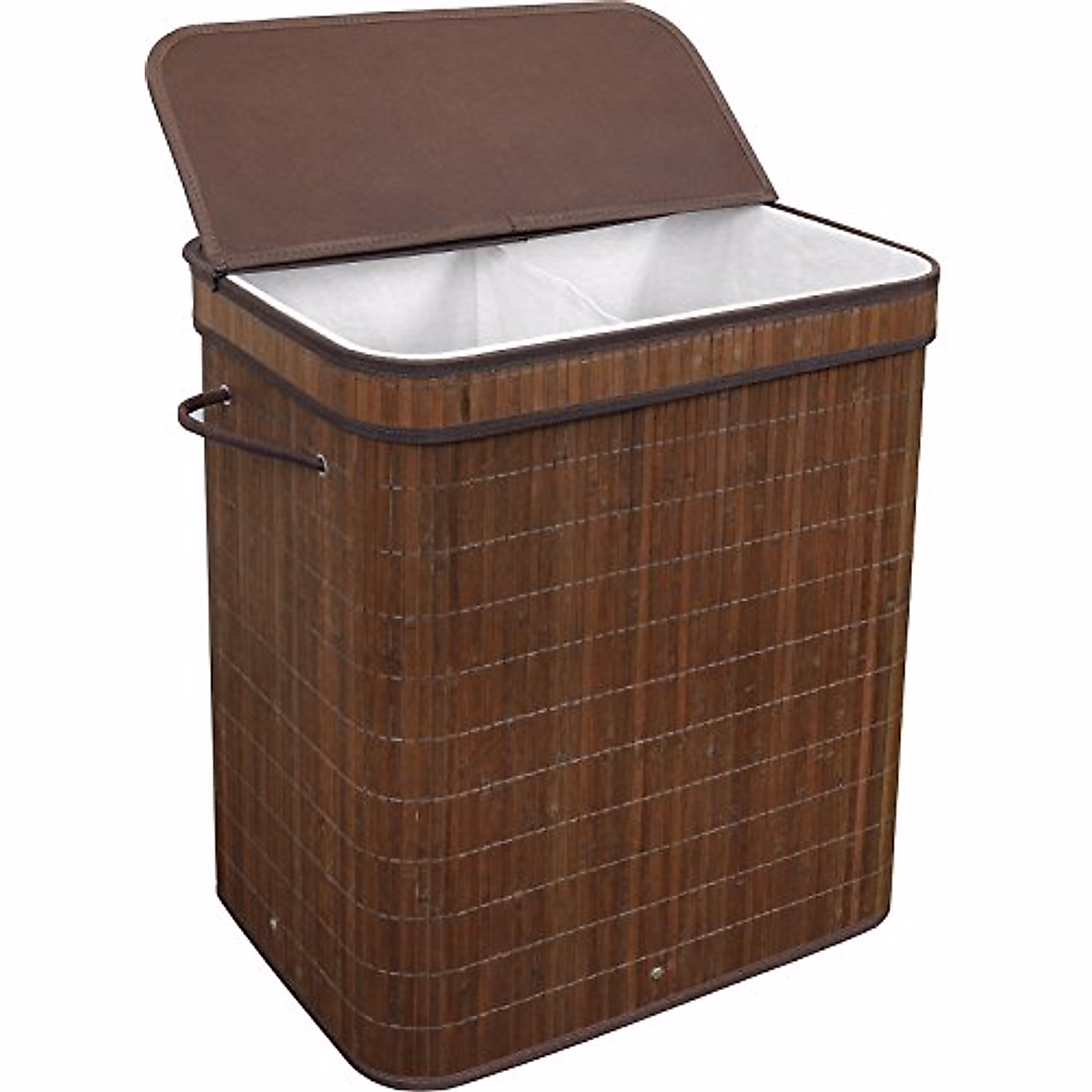 Greenco Bamboo Foldable Double Hamper, Flip-top Lid, Side Rope Carrying Handles and Inner Liner with Divider- Espresso, brown