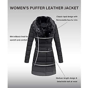 Bellivera Women's Winter Puffer Jacket Cold-resistant patchwork plush lining Coat with Removable Fur Collar Hooded and Belted 5527 BLACK M