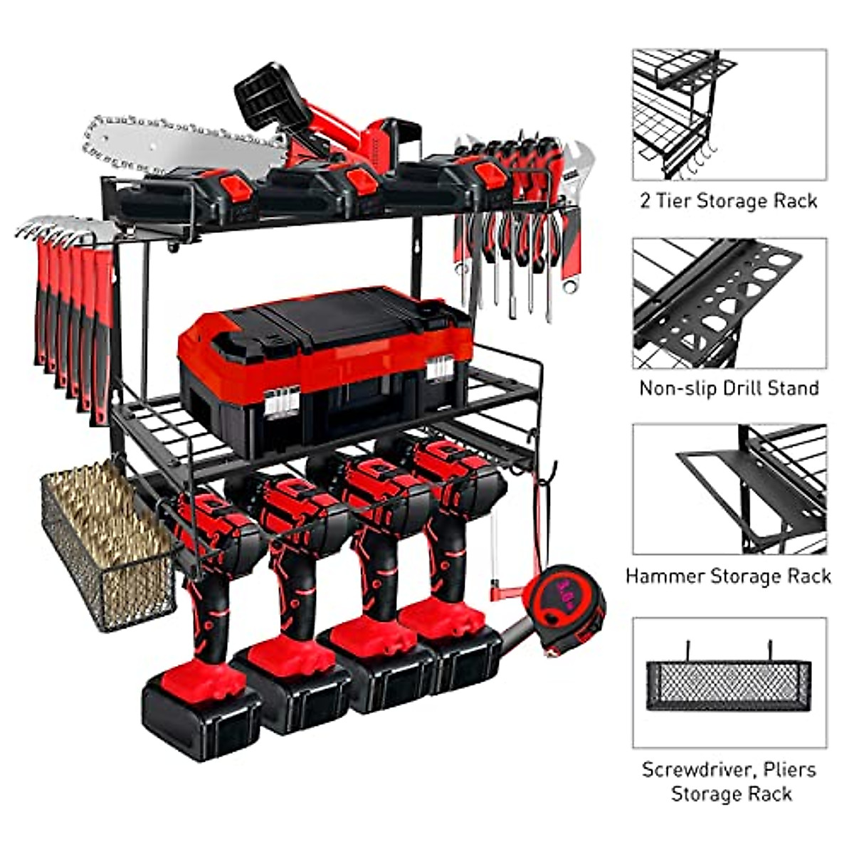 PCBRWA Wall Mounted Power Tool Storage Rack - Heavy Duty Wall Mounted Tool Rack with 3 Layer Metal Tool Organiz and storage with Screwdriver Holder/Plier Holder(Black)