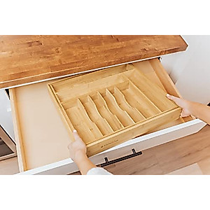 KitchenEdge Premium Silverware, Flatware and Utensil Organizer for Kitchen Drawers, Expandable to 33 Inches Wide, 11 Compartments, 100% Bamboo