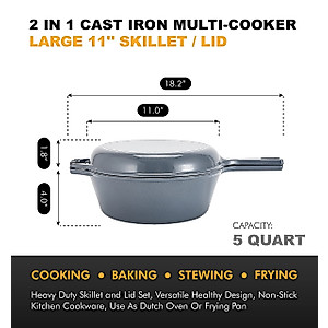Bruntmor 2-in-1, 5 Quart Enamel Cast Iron Dutch Oven With Handle, 5 Qt Grey Cast Iron Skillet, Enamel All-in-One Cookware Braising Pan For Casserole Dish, Crock Pot Covered With Cast Iron
