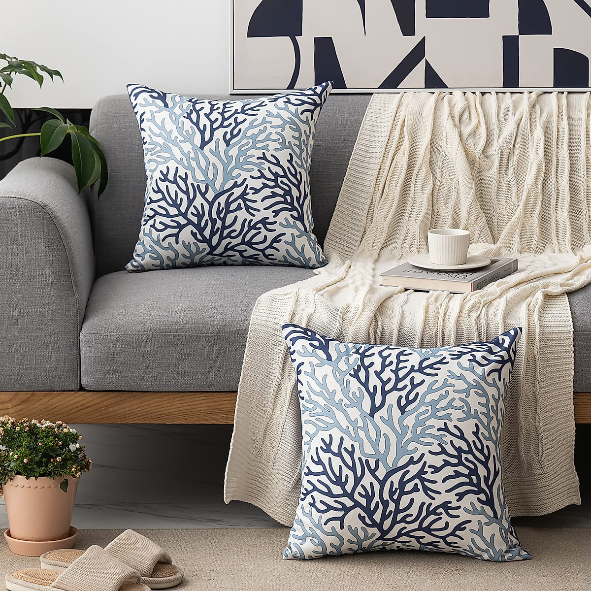 Tritard Nautical Coastal Throw Pillow Covers Set of 2 Decorative Outdoor Pillow Covers Waterproof Fabric Ocean Themed Beach Coral Print Pillowcases for Bedroom Living Room Patio Couch, 18" x 18", Blue