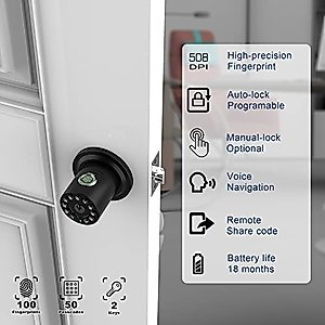 iuknob Fingerprint Door Knob with Keypad and Key, Smart Biometric Digital Lock with Voice Navigation Programming, Combination Electronic Handle for Interior Doors, Entry Gate,Bedrooms,Garage.