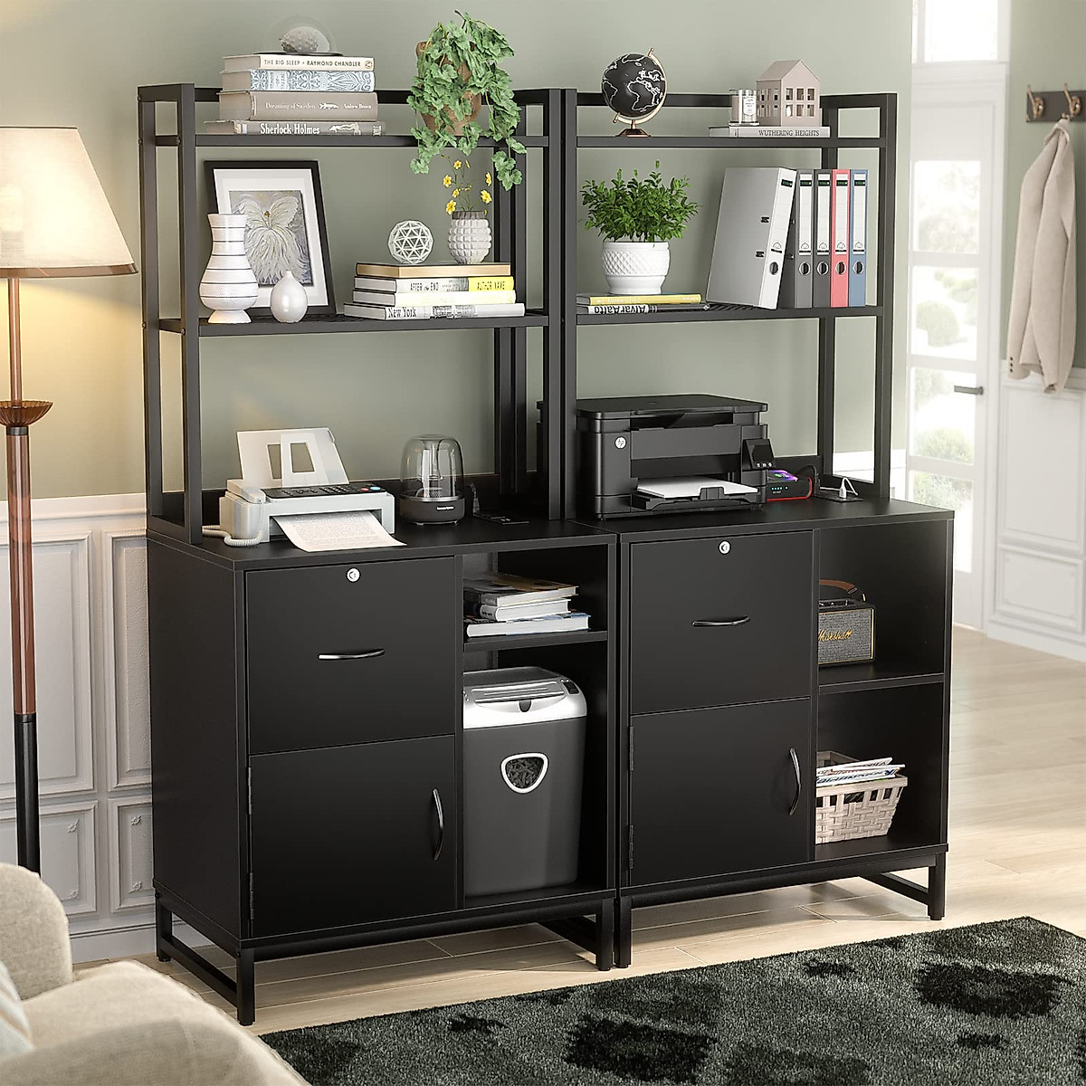 Homieasy Vertical Filing Cabinet with Lock & Charging Station, Large Drawer Wood File Cabinet with Bookshelf, Printer Stand with Open Storage Shelf, fits Letter Size for Home Office, Black
